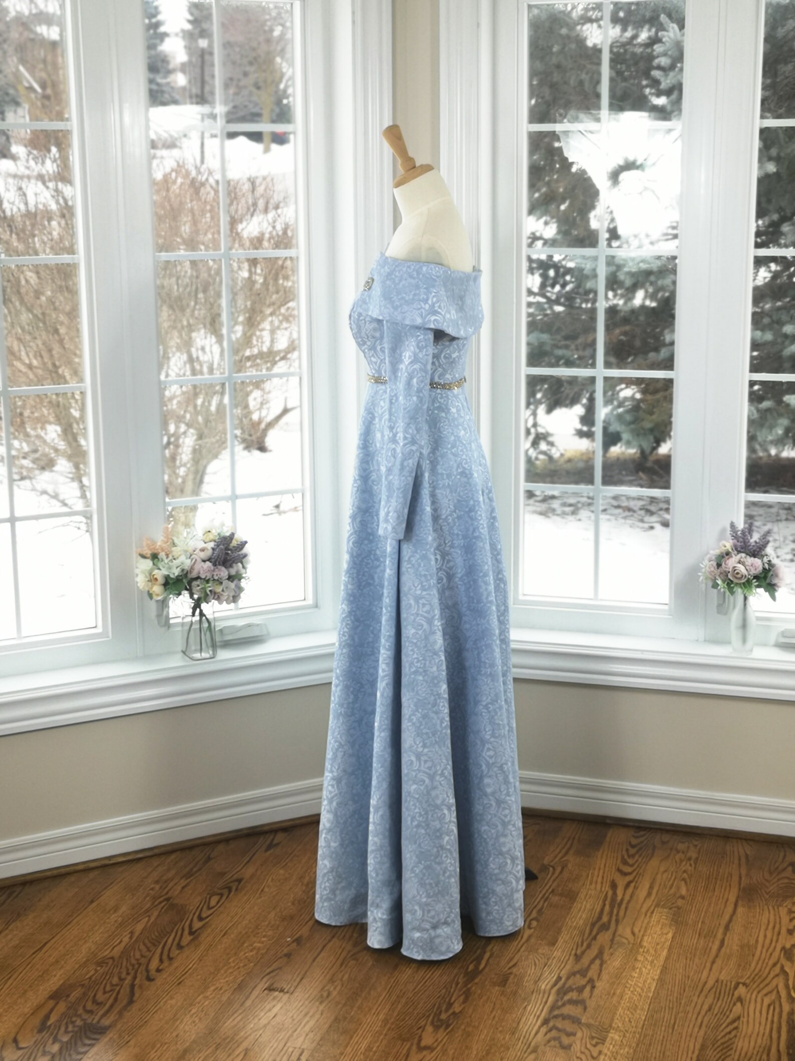 Celtic Blue Wedding Dress, off Shoulder Long Sleeve Gown, Handmade - Etsy