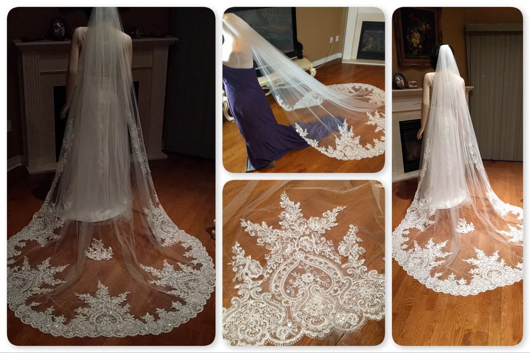 Crystal Pearl Lace Cathedral Wedding Veil, Handmade in Canada - Etsy
