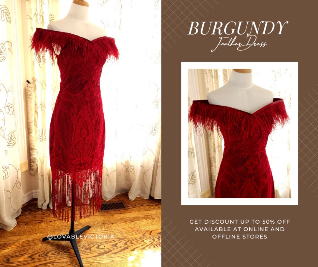 Burgundy Flapper Dress, Ostrich Feather Fringe, 1920s Lace - Etsy