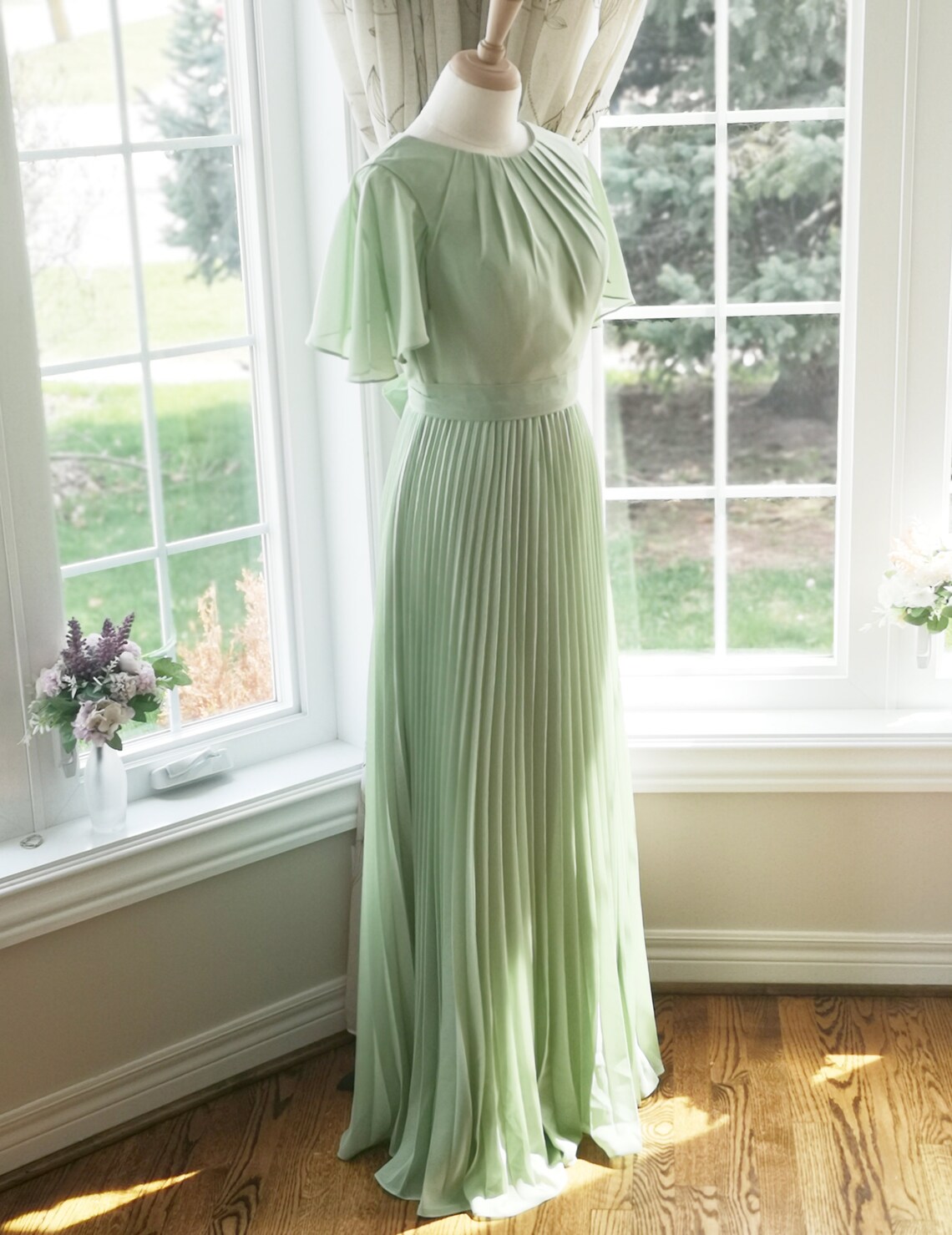 Sage Green Chiffon Pleated Gown, Handmade Cape Sleeve Dress - Etsy