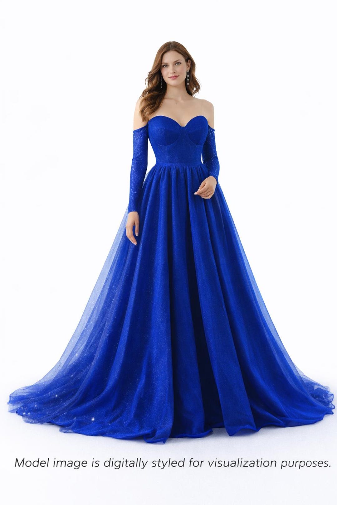 Royal Blue Prom Ball Gown off Shoulder Long Sleeve Tulle Formal Dress ...