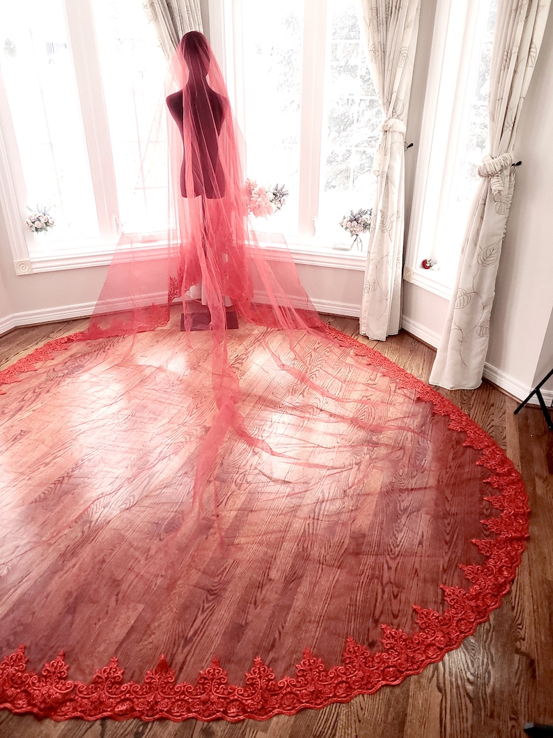 Red Wedding Veil Red Veil Red Cathedral Veil Red Lace Veil - Etsy