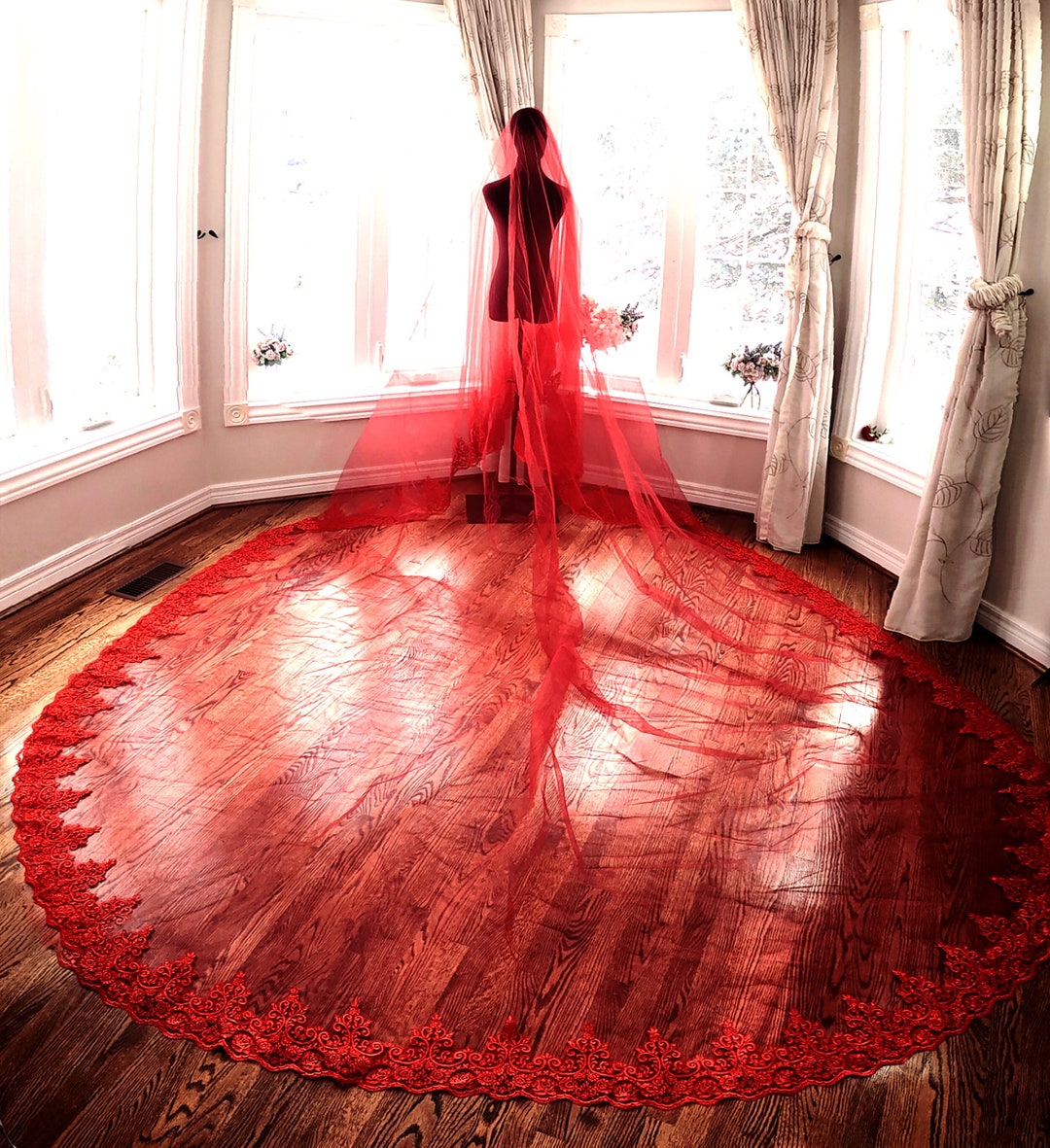 Red Wedding Veil, Red Veil, Red Cathedral Veil, Red Lace Veil, Unique ...
