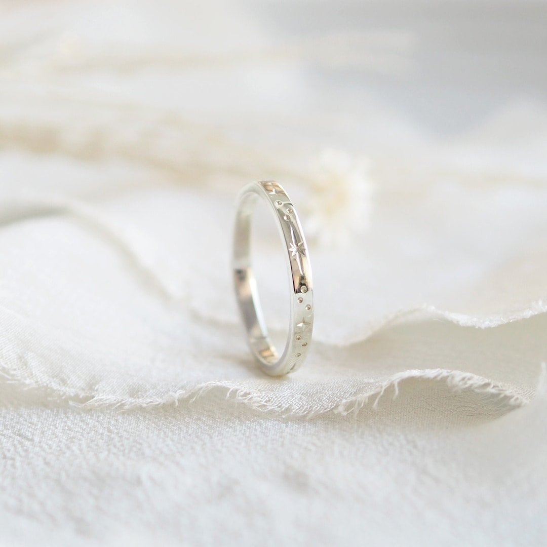 9ct White Gold Star Engraved Ring: Celestial Wedding Band - Etsy