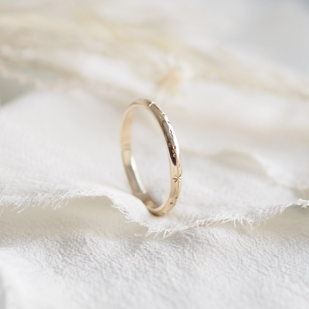 18ct Yellow Gold Star Engraved Ring, Celestial Gold Ring, Starry Ring ...