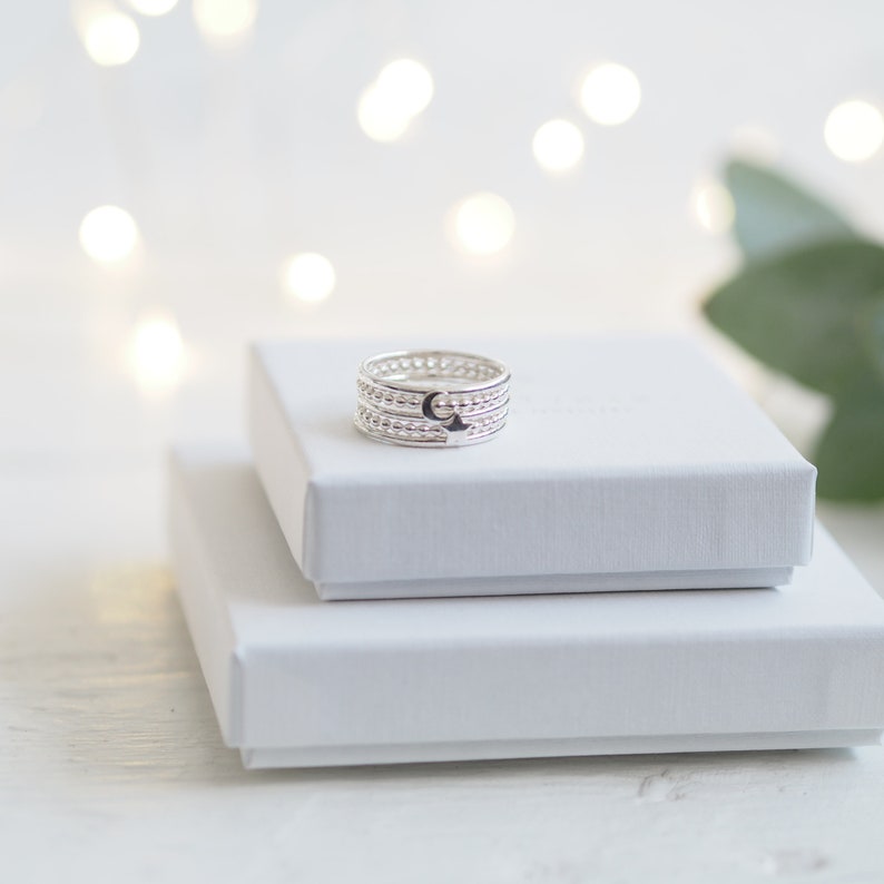 Sterling Silver Moon And Star Stacking Ring Set Celestial Etsy Uk