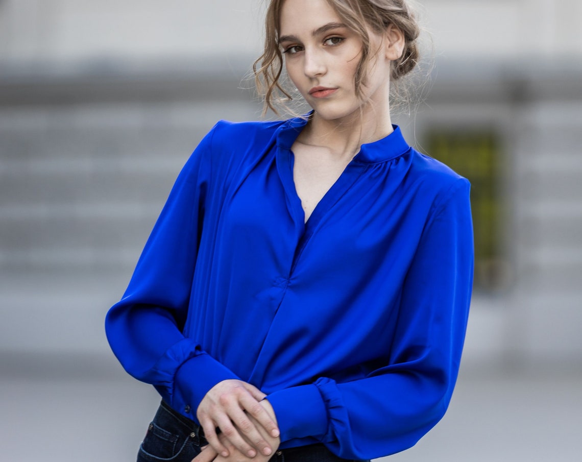 Formal Blue Blouse V-neck Top Minimalist Long Sleeved - Etsy