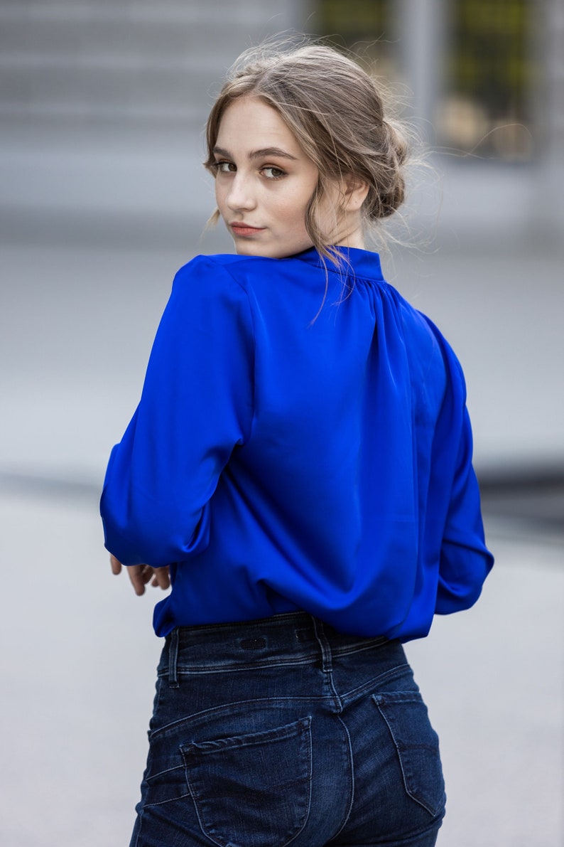 Formal Blue Blouse V-neck Top Minimalist Long Sleeved - Etsy