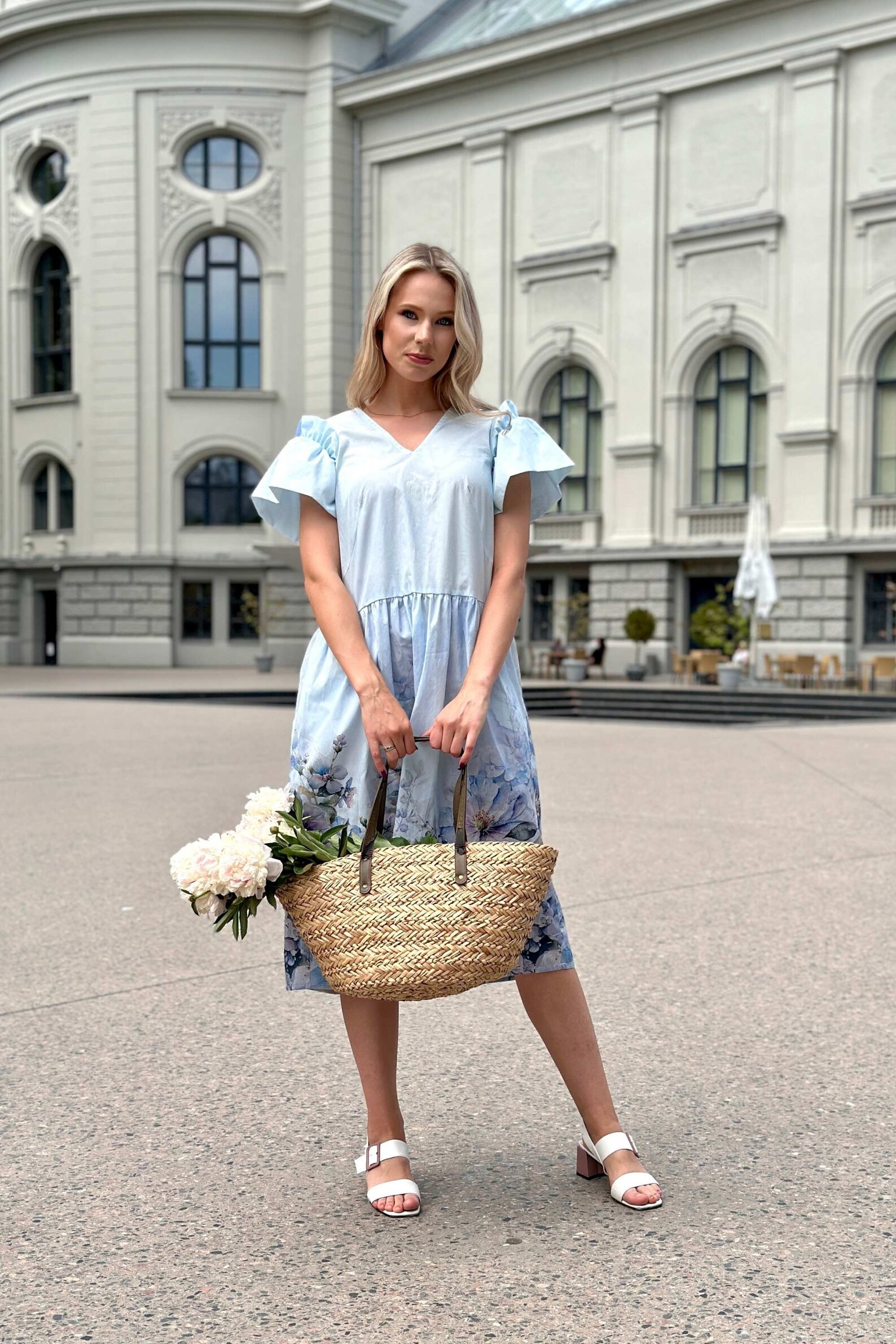 Light Blue Oversize Cotton Dress With Charming Floral Print| Elegant ...