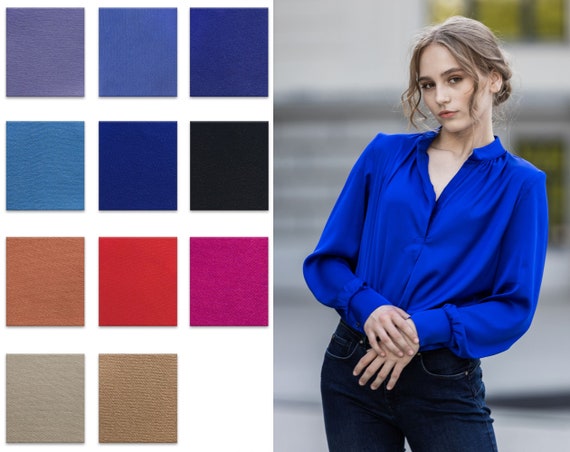 Bright Blue Satin Blouse V-cut Neckline Ruffle Neckline | Etsy