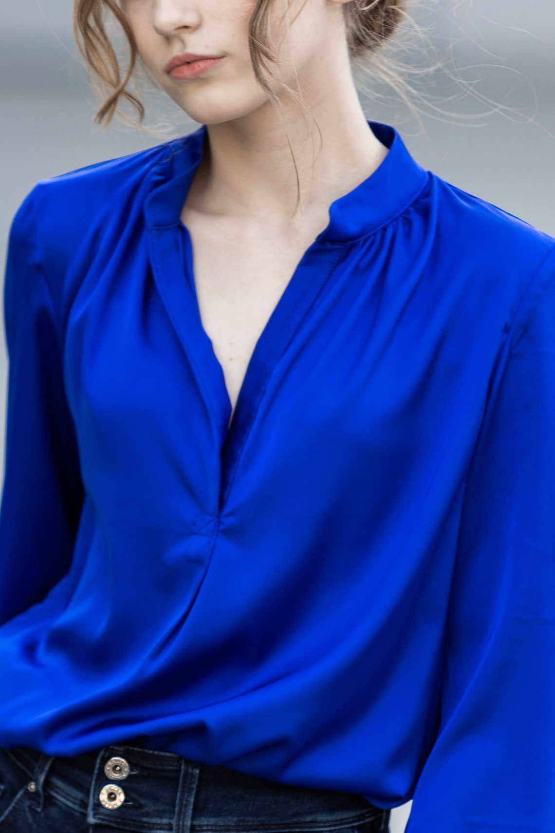 Formal Blue Blouse V-neck Top Minimalist Long Sleeved - Etsy