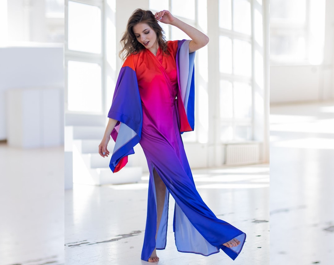 Blue and Red Kimono Dress, Satin Dress, Bride Gift, Colourful Dress ...