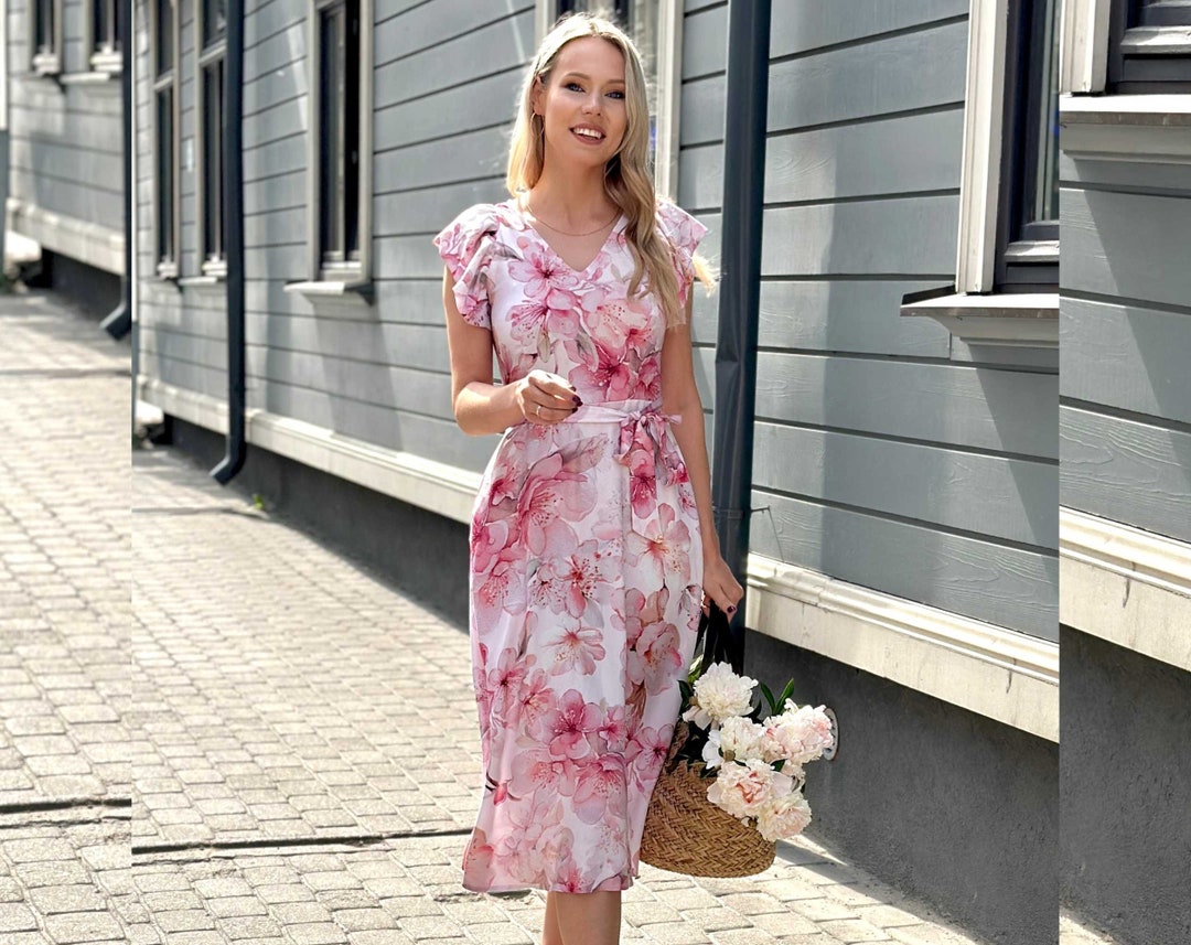 Romantic Women's Dress Floral Women's Dress With Soft Pink Flowers City ...