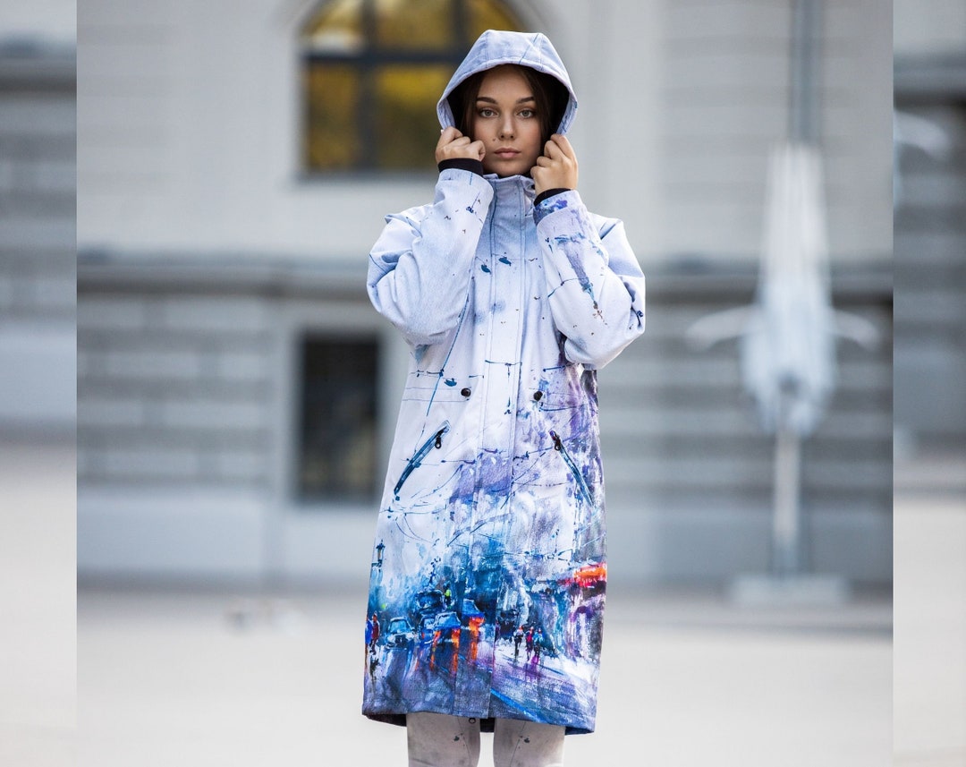 Painted Raincoat, Riga Landscape Jacket, Colorful Parka, Long Jacket, Printed Parka, Waterproof ...