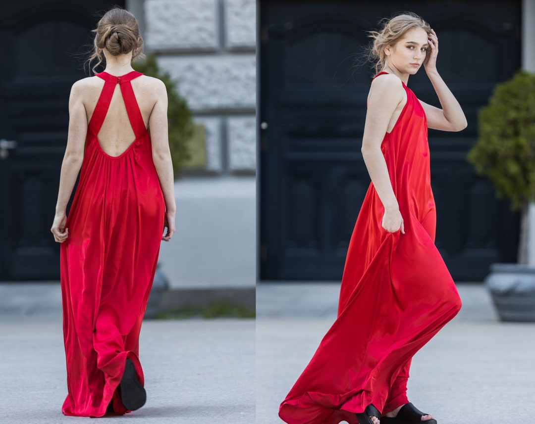 Open Back Red Dress Women Maxi Dress Loose Cocktail Dress - Etsy