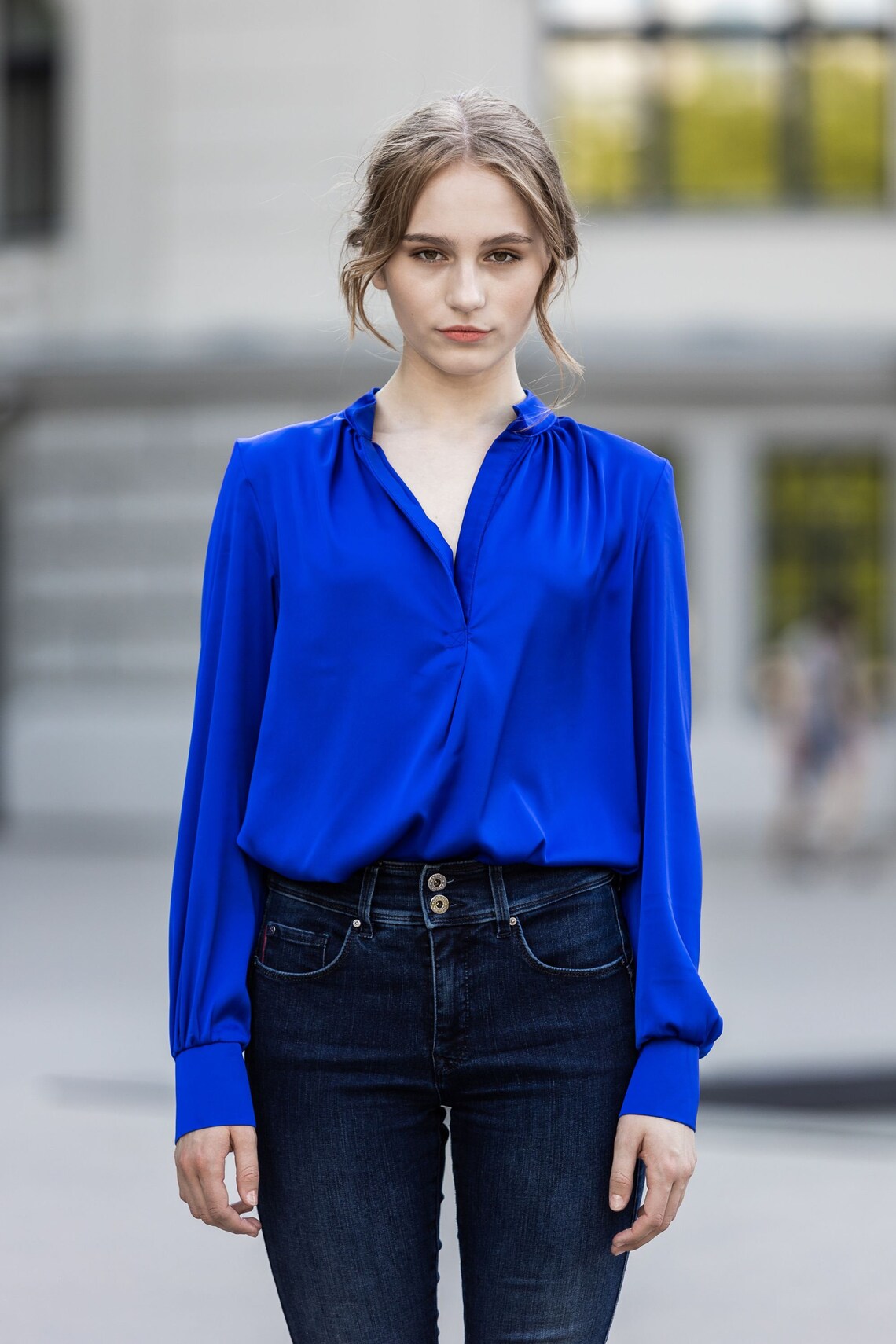 Formal Blue Blouse V-neck Top Minimalist Long Sleeved - Etsy