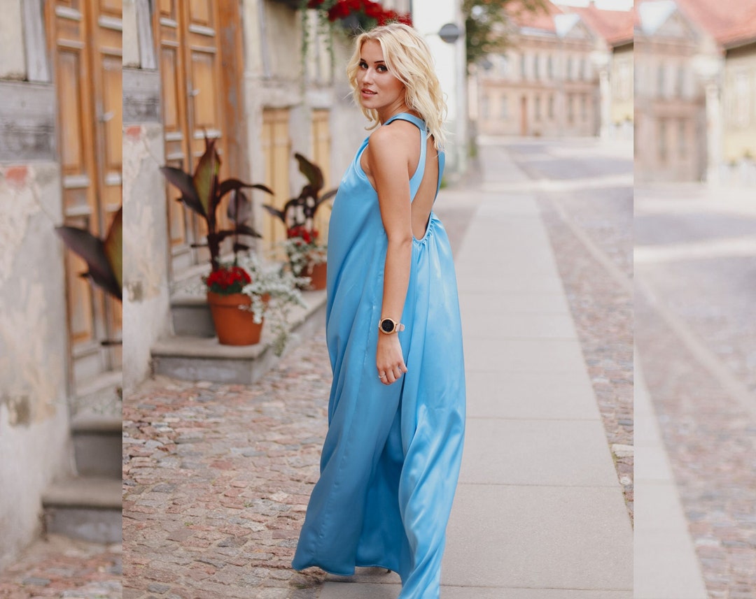 Open Back Blue Dress, Women Maxi Dress, Loose Cocktail Dress, Floor ...