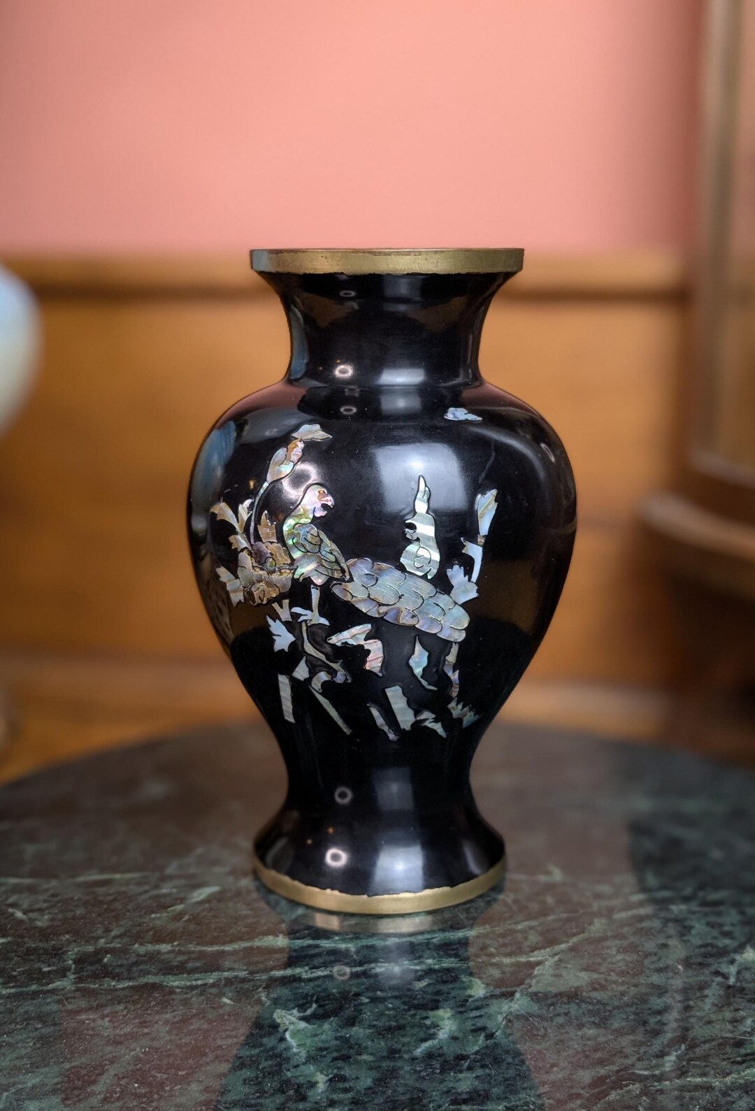 Vintage Brass Black Lacquered Mother of Pearl Inlaid Vase - Etsy