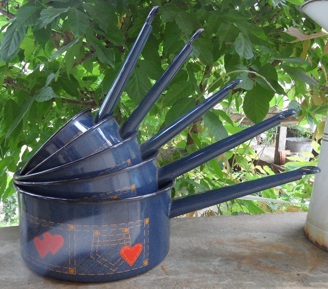Vintage French Enamel Pan Set, Vintage Enamel Saucepans, Set of 5 ...