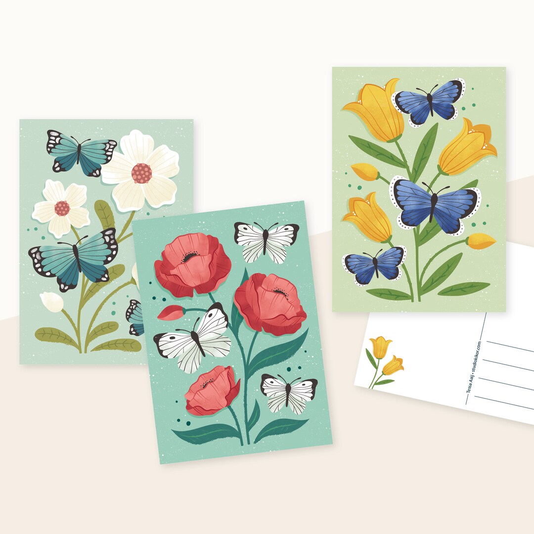 Postcard Pack Flower Illustrations Set of 3 Postcards Flora - Etsy