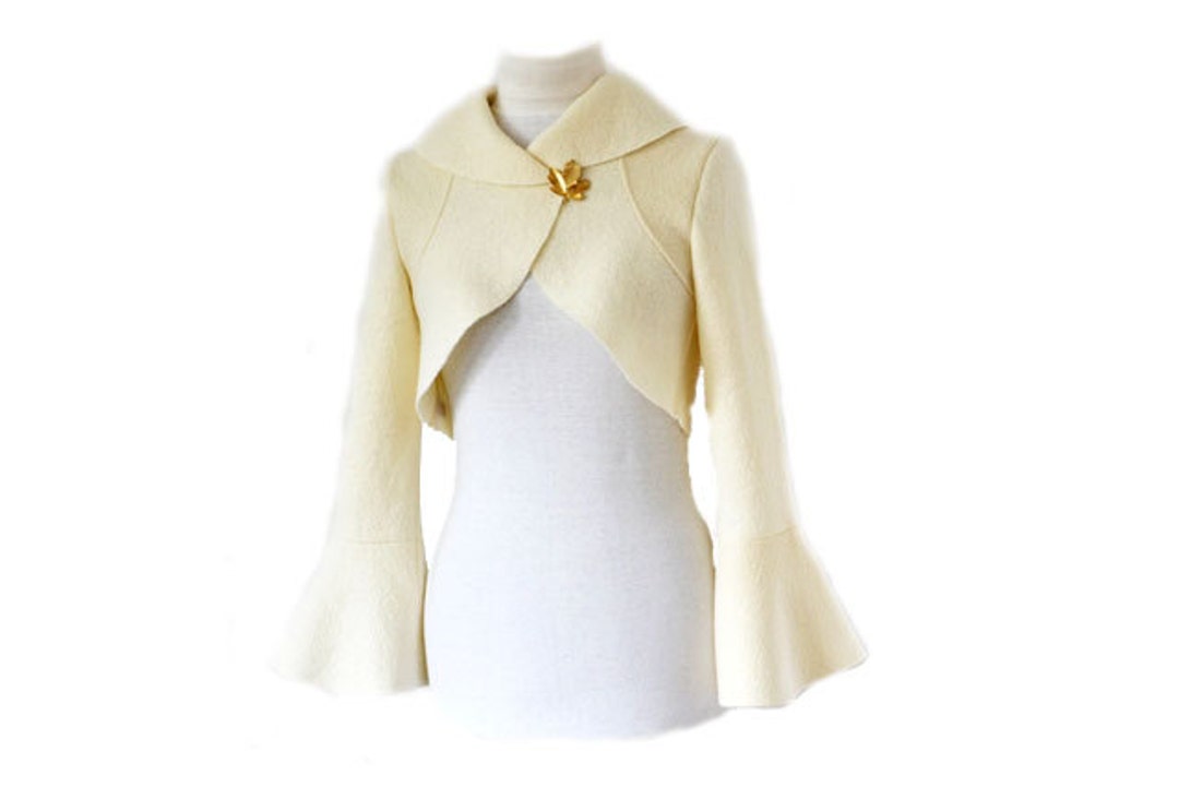 Women Boiled Wool Wedding Bolero Bride Jacket Size XS-XL Ecru Creme ...