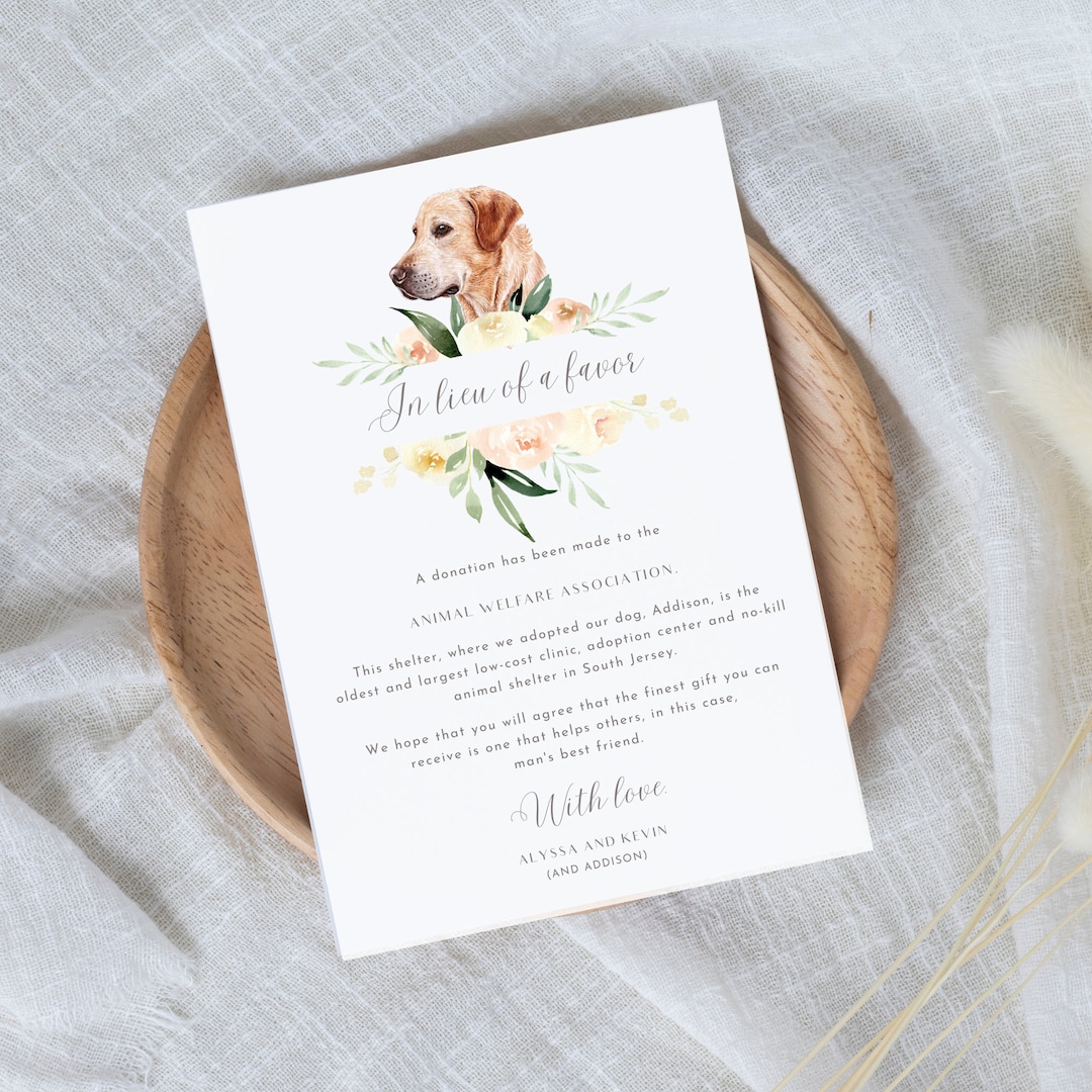 In Lieu of a Favor: Custom Pet Portrait Wedding Favor Donation Cards ...