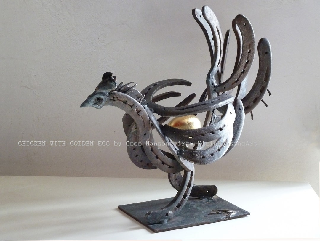 Horseshoe Chicken Sculpture With Golden Egg, Recycled Metal Rooster Art ...