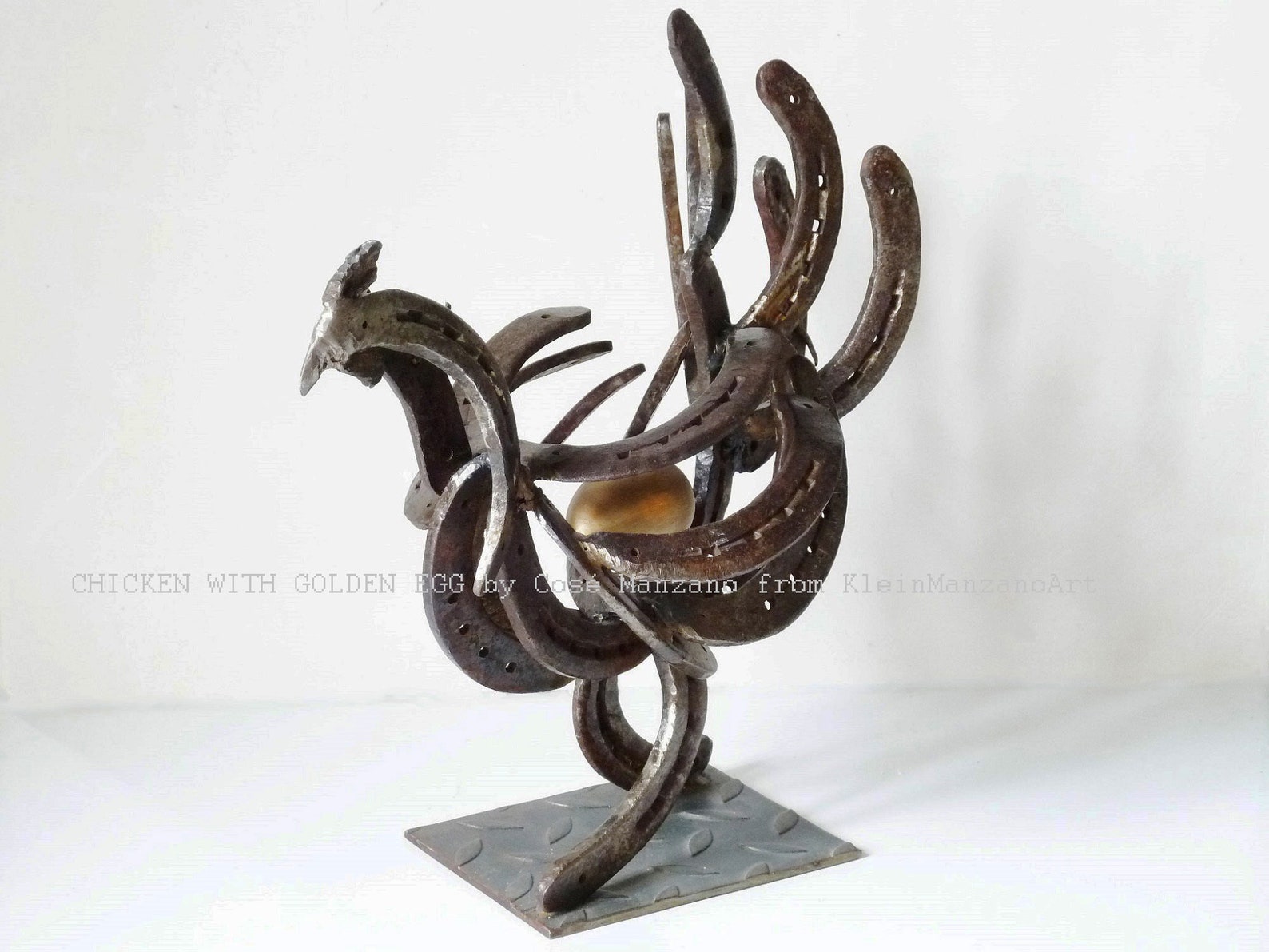 Horseshoe Chicken Sculpture With Golden Egg, Recycled Metal Rooster Art ...