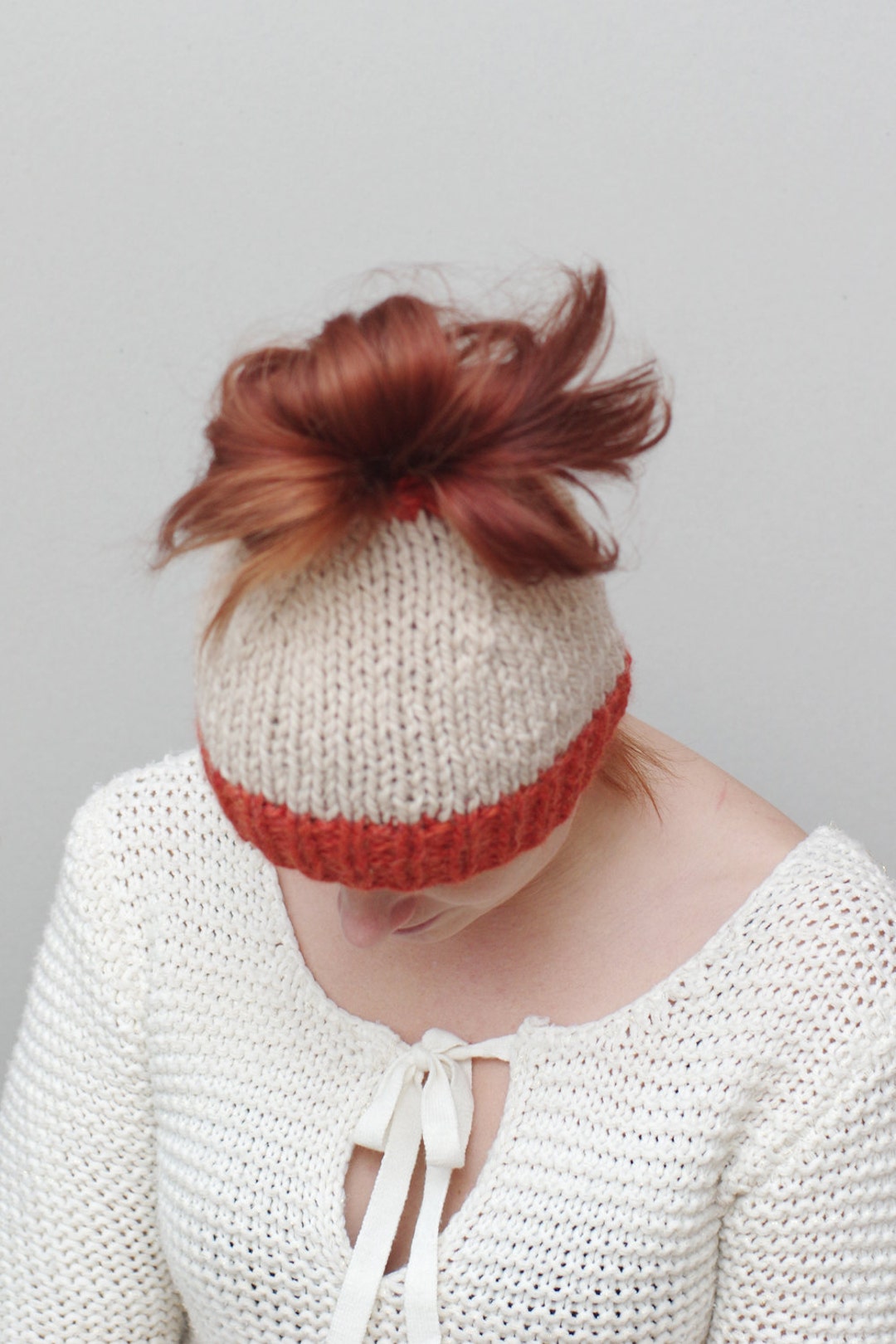 Hand Knit Alpaca Wool Messy Bun Hat - Natural White - Etsy