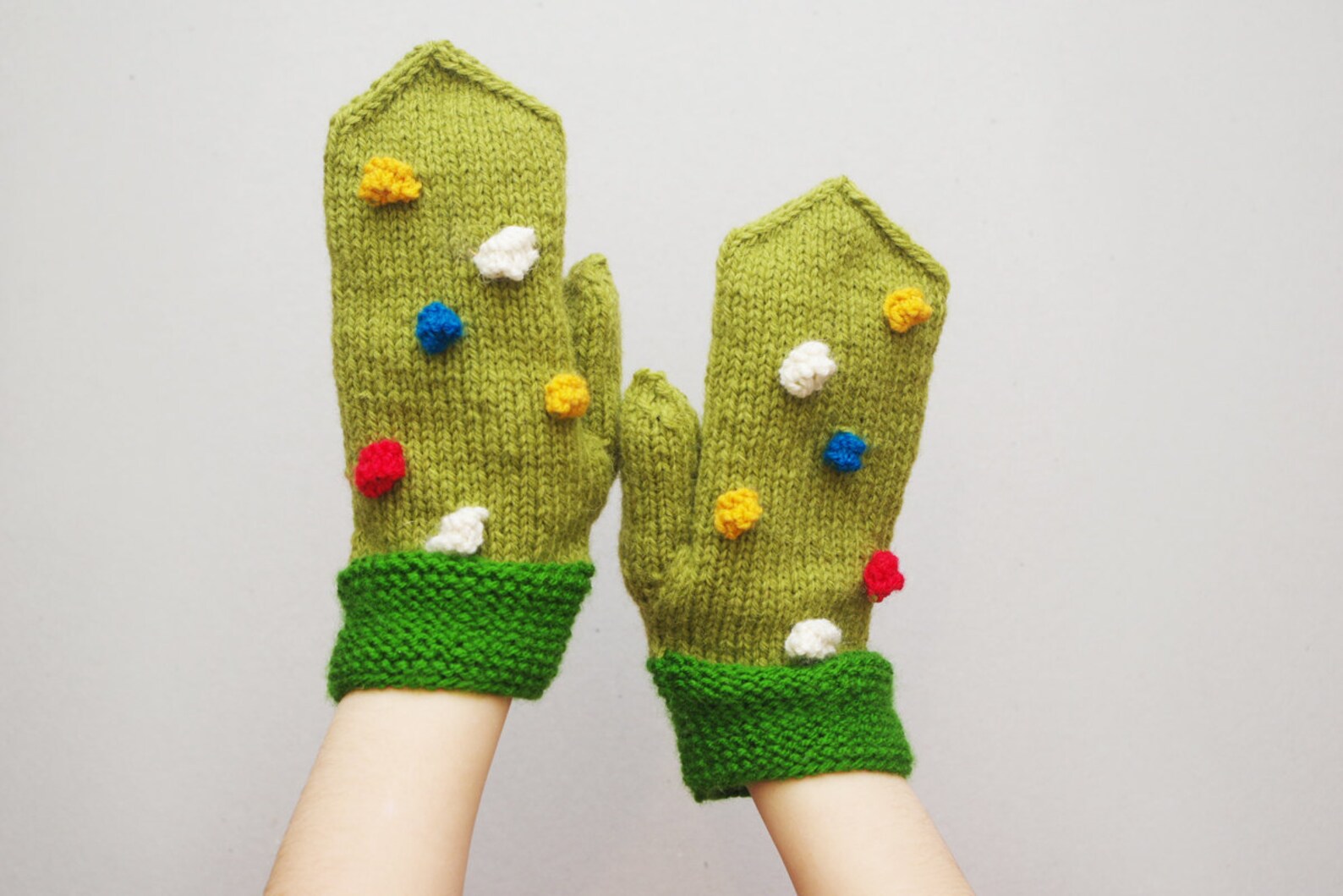 Wool Knit Mittens: Green With Colorful Dots, Teens/small Adult - Etsy