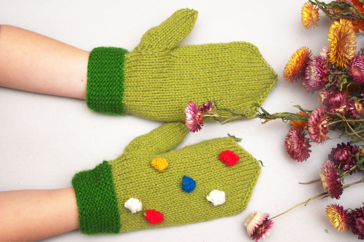 Good Mood Mittens Green Mittens With Colorful Dots Teens - Etsy