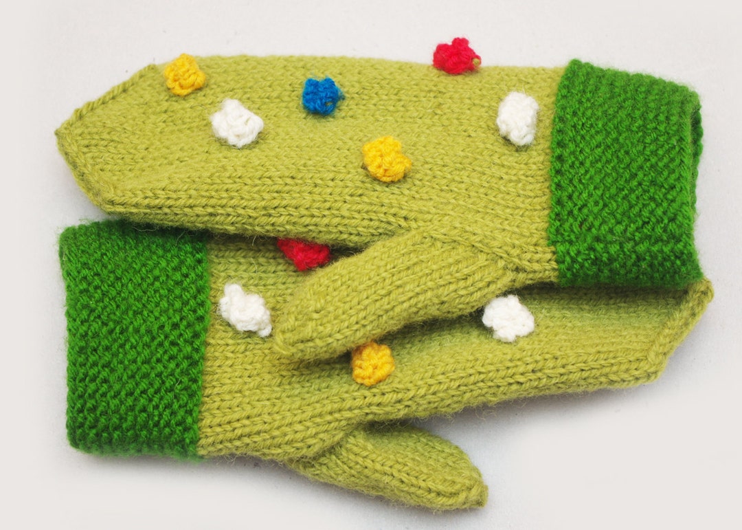 Wool Knit Mittens: Green With Colorful Dots, Teens/small Adult - Etsy