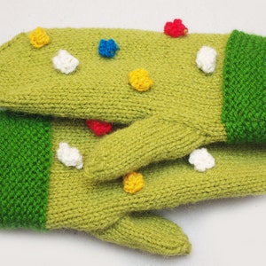 Wool Knit Mittens: Green With Colorful Dots, Teens/small Adult - Etsy