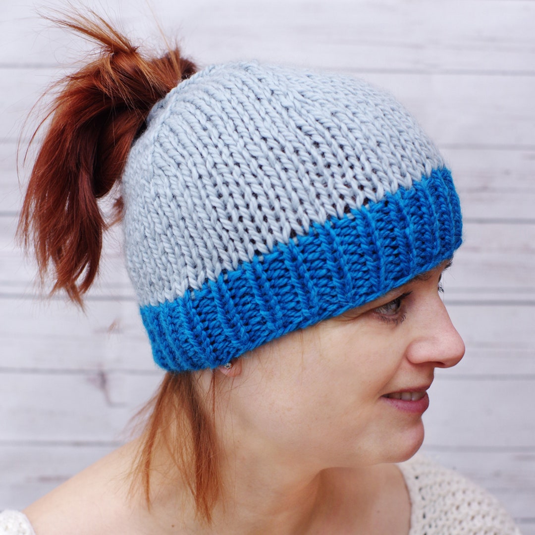 Hand Knit Alpaca Wool Messy Bun Hat: Light & Electric Blue - Etsy
