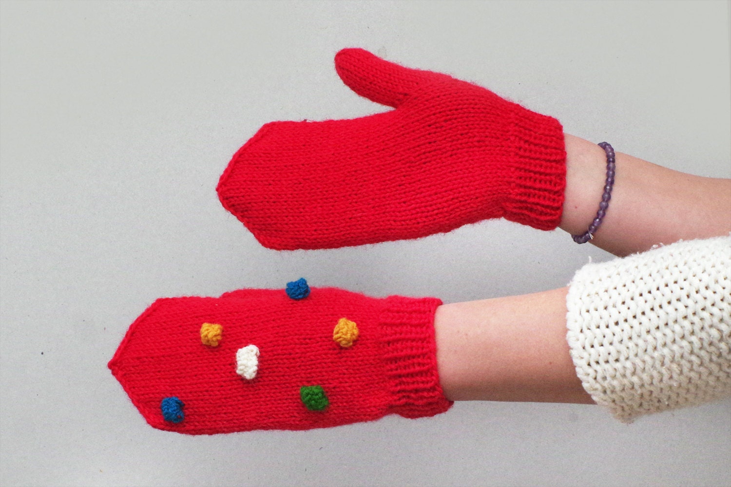 Red Wool Mittens: Knit Winter Gloves With Colorful Dots - Etsy