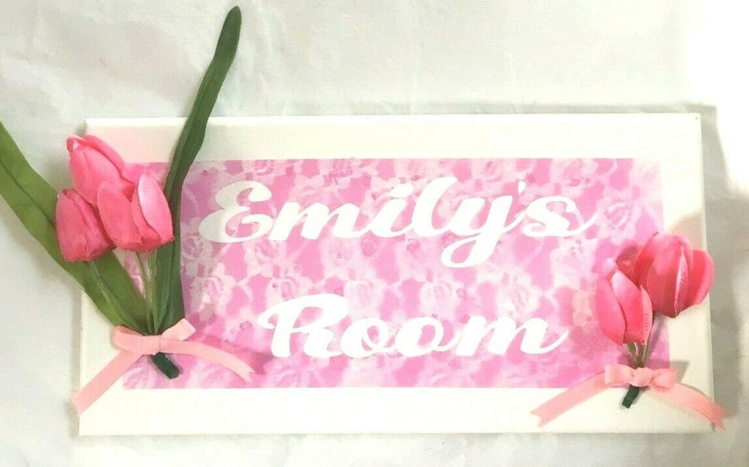 Wall Plaque Door Sign Emily's Room Pink White Lace Tulips on Canvas 7 ...