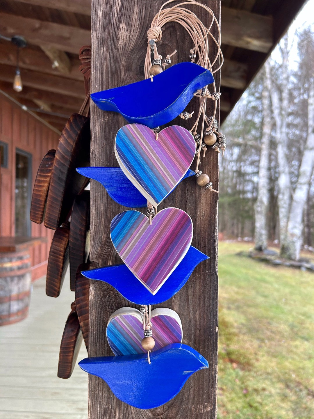 Blue Bird Decor. Wood Hearts With Rainbow Stripes. Love Bird ...