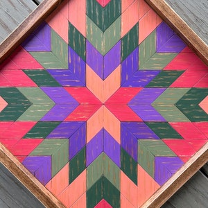 Rustic Wood Wall Art. Barn Quilt With Star Pattern. Coral, Purple ...