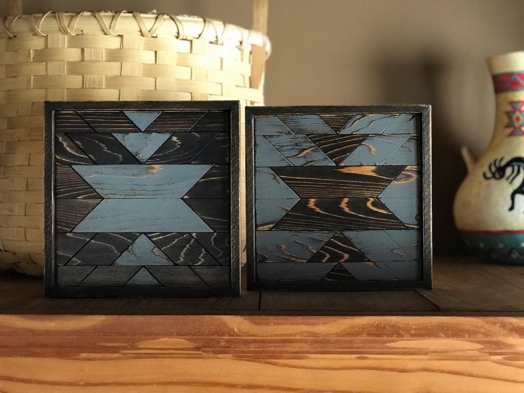 2 Piece Square Wood Wall Art Panels With Tribal Geometric Patterns ...