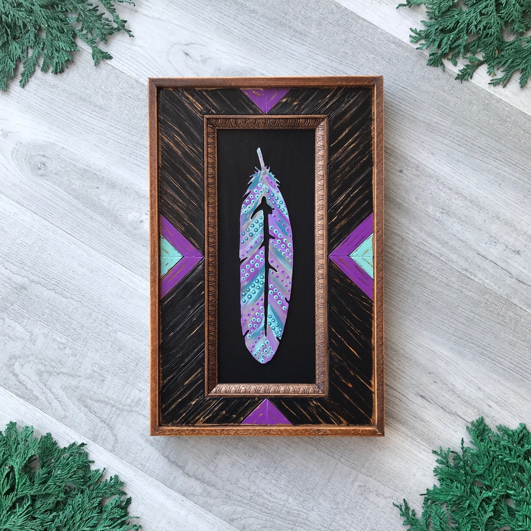 Feather Artwork. Painted Feather Art & Wooden Mosaic. Mixed Media Wood ...