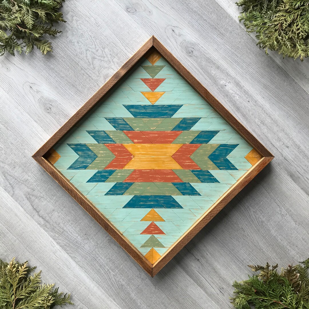 Rustic Wood Wall Art With Tribal Aztec Design. Southwestern Desert Boho ...