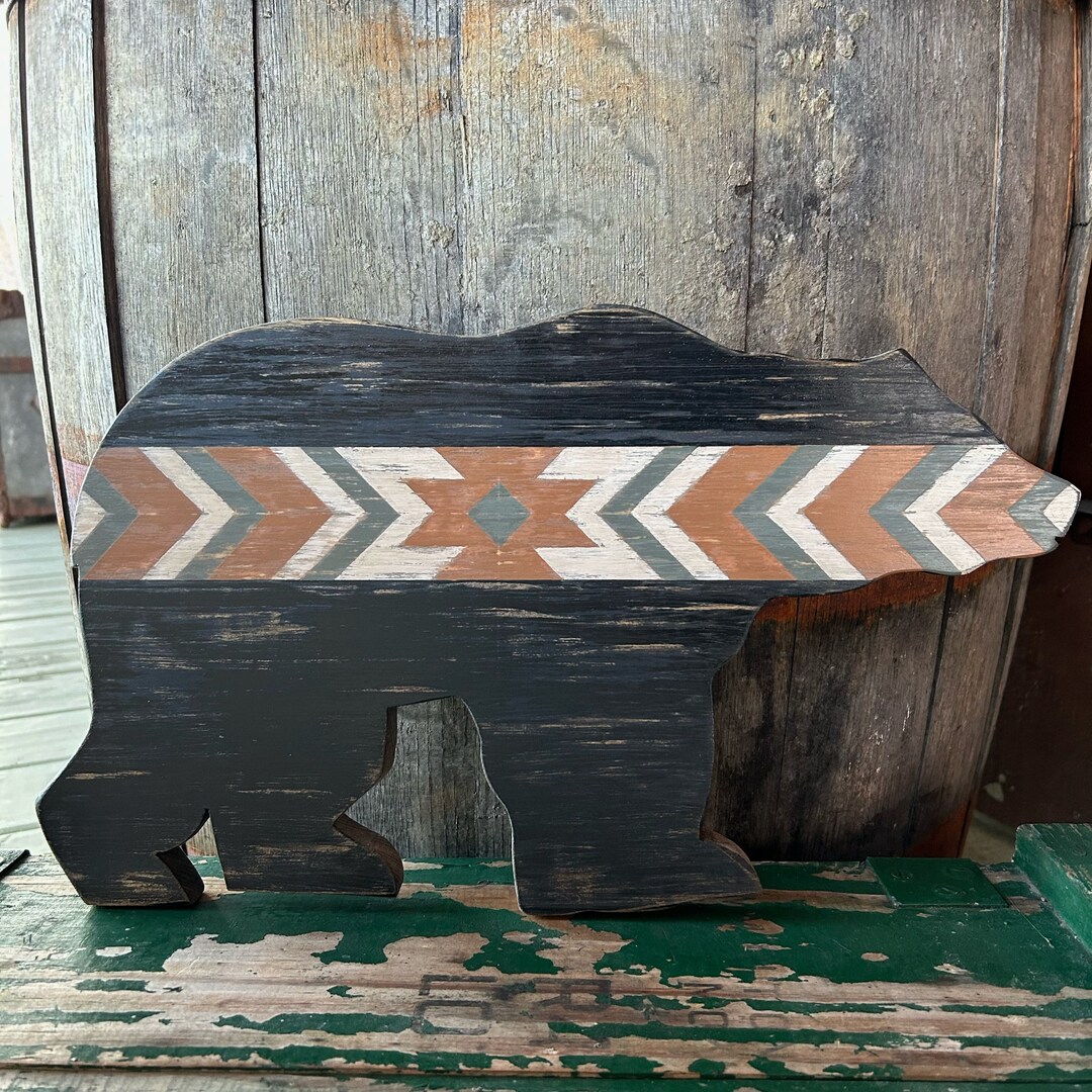 Bear Wall Art. Rustic Wooden Bear Decor With Geometric Pattern. Hand ...