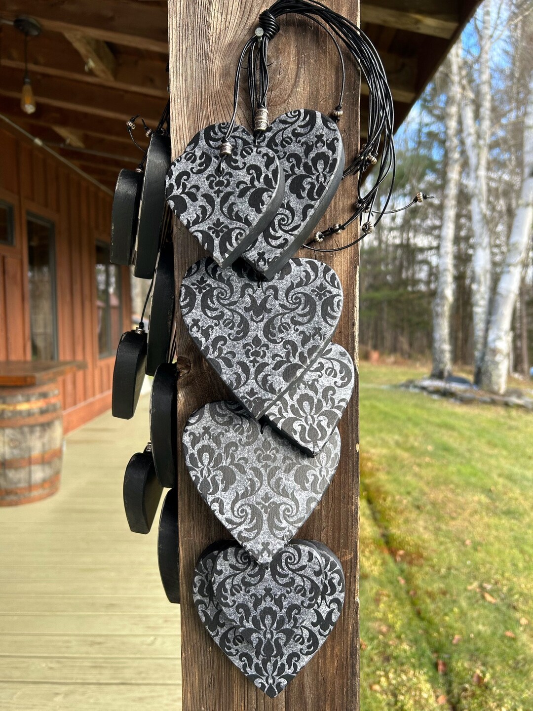 Wooden Heart Wall Hanging. Wood Hearts With Damask Print. Rustic ...