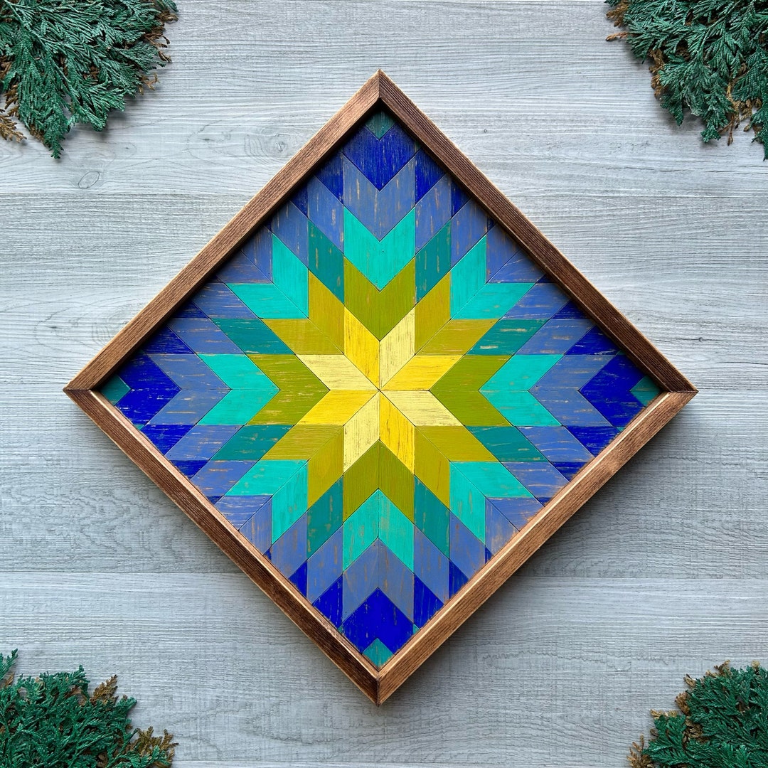 Colorful Wooden Quilt Block. Bursting Star Pattern in Yellow, Green ...