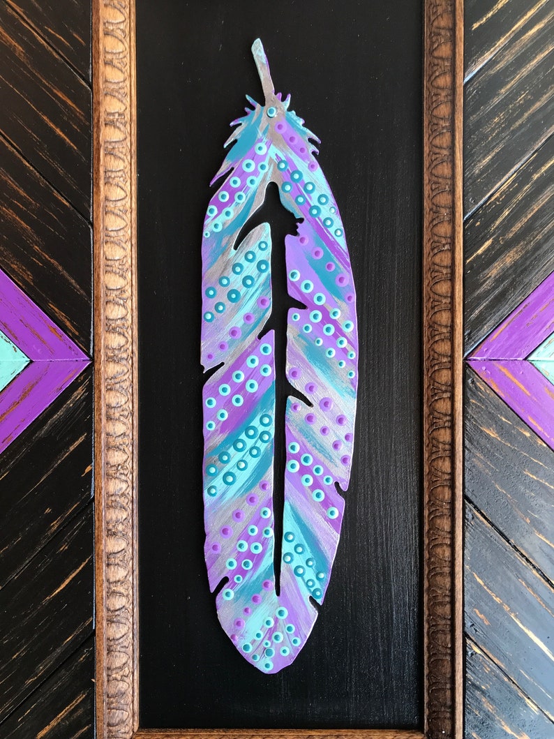 Feather Artwork. Painted Feather Art & Wooden Mosaic. Mixed - Etsy