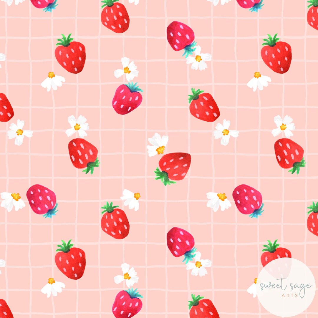 Hand-painted Pink Strawberry and Daisy Field Digital Download Seamless ...