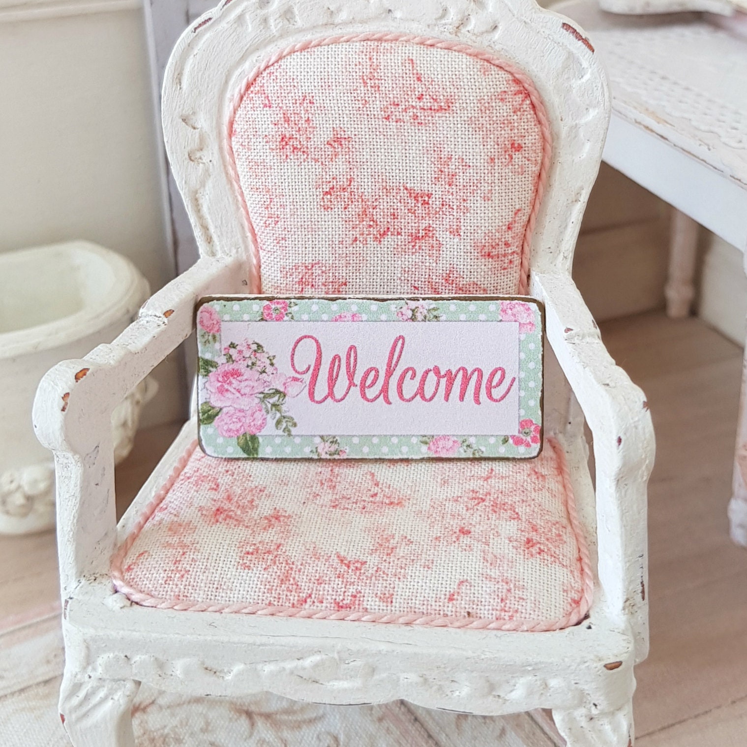 Dollhouse Miniature, Welcome Sign, Pink Floral Picture, Home Plaque ...