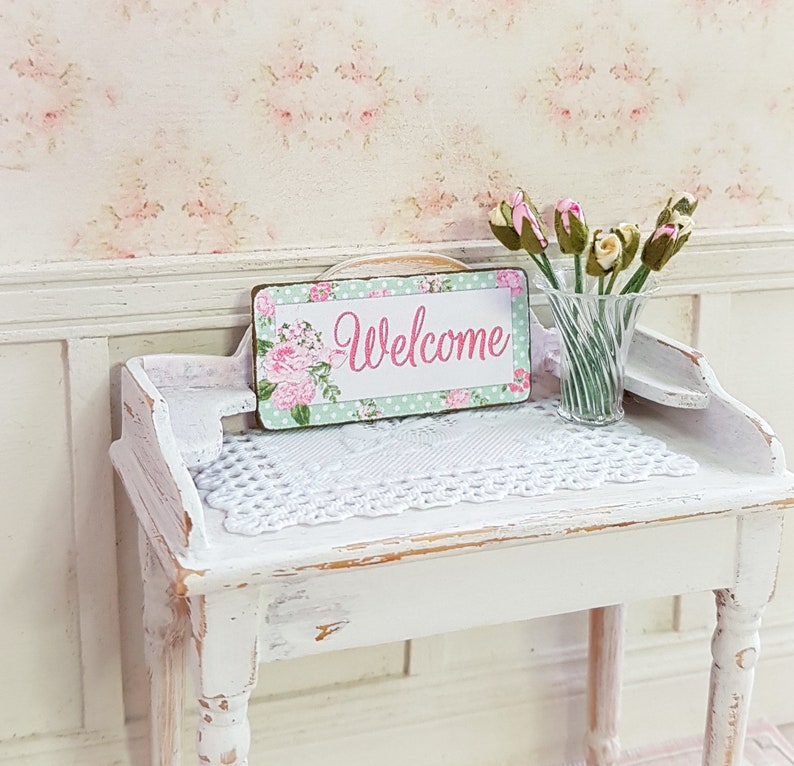 Dollhouse Miniature, Welcome Sign, Pink Floral Picture, Home Plaque ...