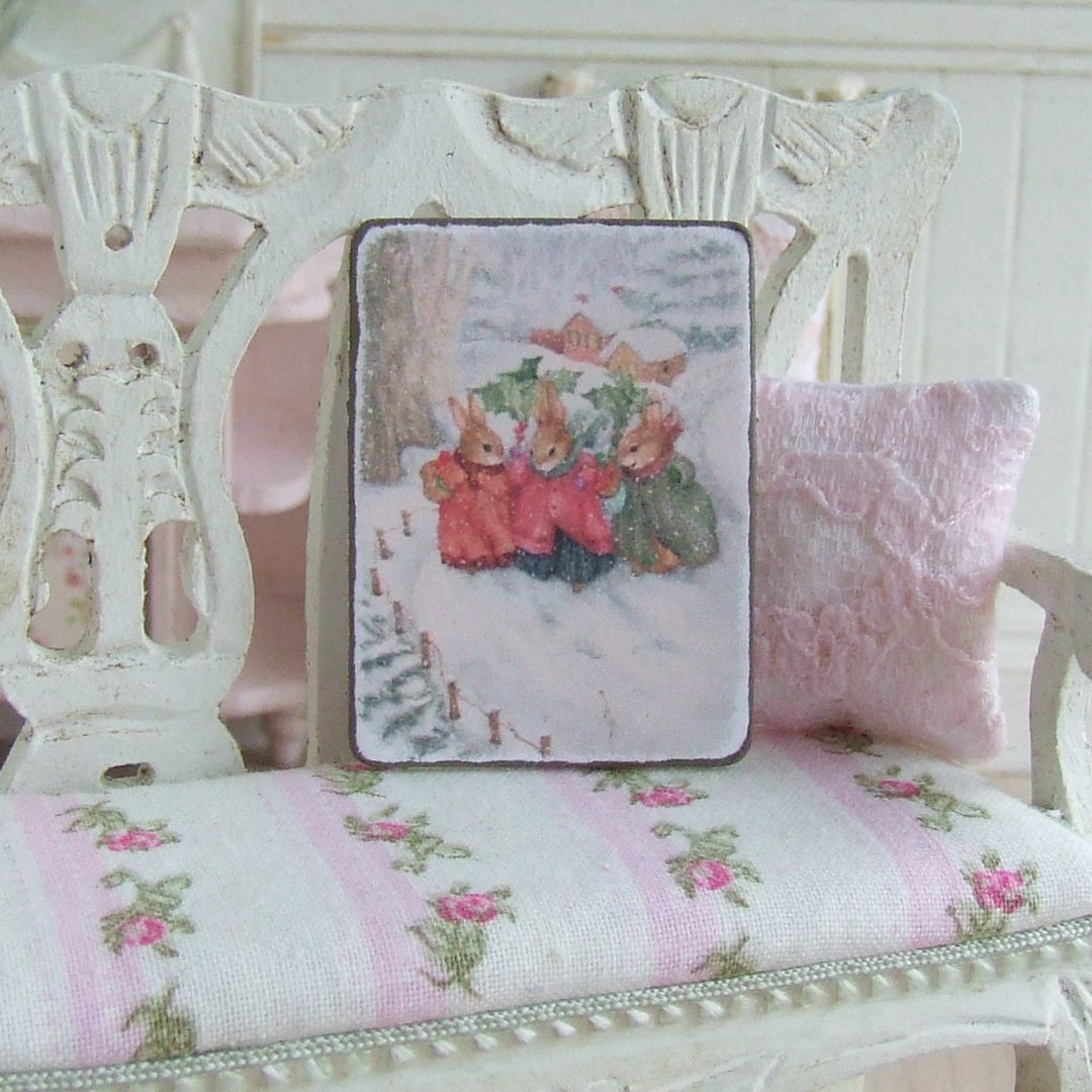 Dollhouse Miniature, Christmas Rabbit Sign, Bunny Picture, Snowing ...