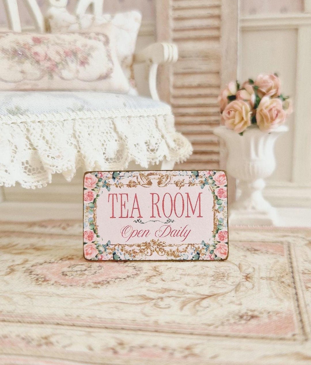 Dollhouse Miniature, Tea Room Sign, Tearooms Plaque, Pink Floral ...